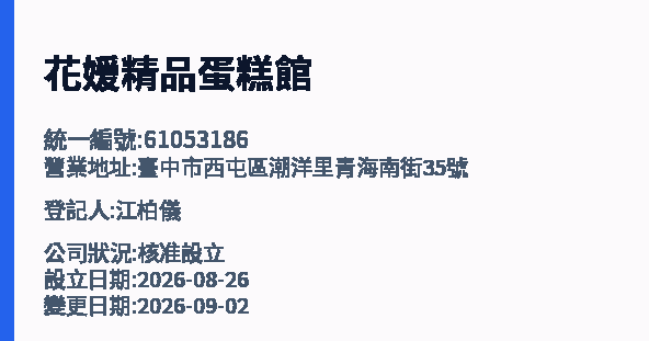 花媛精品蛋糕館的照片-統編 61053186(臺中市) 公司登記資料與營業項目詳細圖表