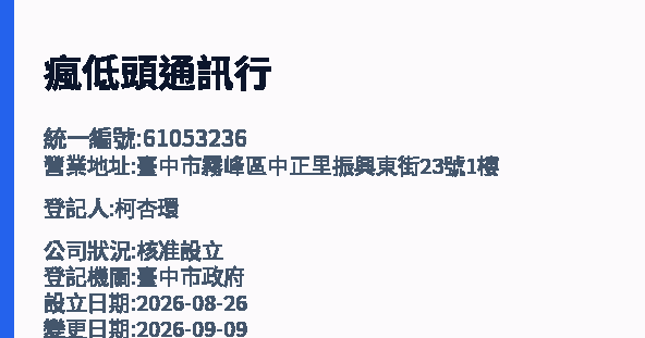 瘋低頭通訊行的照片-統編 61053236(臺中市) 公司登記資料與營業項目詳細圖表