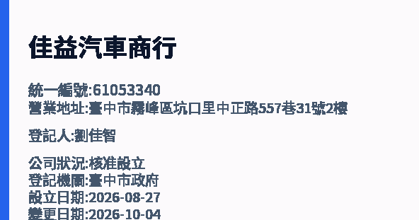 佳益汽車商行的照片-統編 61053340(臺中市) 公司登記資料與營業項目詳細圖表
