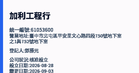加利工程行的照片-統編 61053600(臺中市) 公司登記資料與營業項目詳細圖表