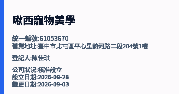啾西寵物美學的照片-統編 61053670(臺中市) 公司登記資料與營業項目詳細圖表