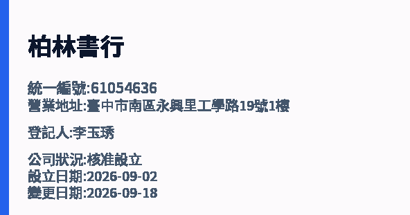 柏林書行的照片-統編 61054636(臺中市) 公司登記資料與營業項目詳細圖表