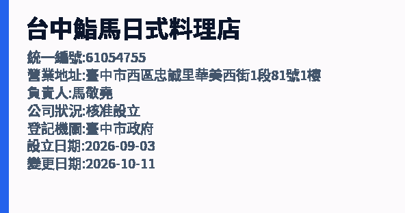 台中鮨馬日式料理店的照片-統編 61054755(臺中市) 公司登記資料與營業項目詳細圖表