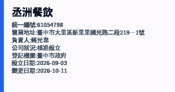 丞洲餐飲的照片-統編 61054798(臺中市) 公司登記資料與營業項目詳細圖表