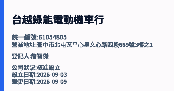 台越綠能電動機車行的照片-統編 61054805(臺中市) 公司登記資料與營業項目詳細圖表