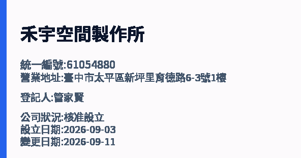 禾宇空間製作所的照片-統編 61054880(臺中市) 公司登記資料與營業項目詳細圖表