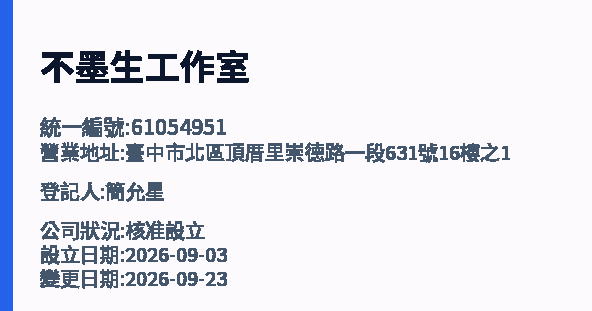 不墨生工作室的照片-統編 61054951(臺中市) 公司登記資料與營業項目詳細圖表
