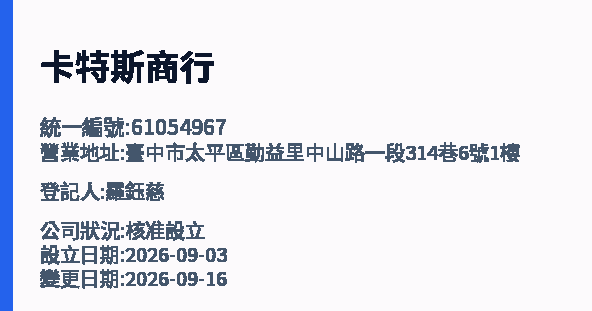 卡特斯商行的照片-統編 61054967(臺中市) 公司登記資料與營業項目詳細圖表
