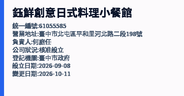鈺鮮創意日式料理小餐館的照片-統編 61055585(臺中市) 公司登記資料與營業項目詳細圖表