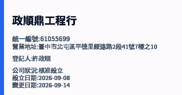 政順鼎工程行的照片-統編 61055699(臺中市) 公司登記資料與營業項目詳細圖表