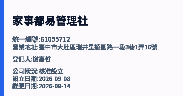 家事都易管理社的照片-統編 61055712(臺中市) 公司登記資料與營業項目詳細圖表