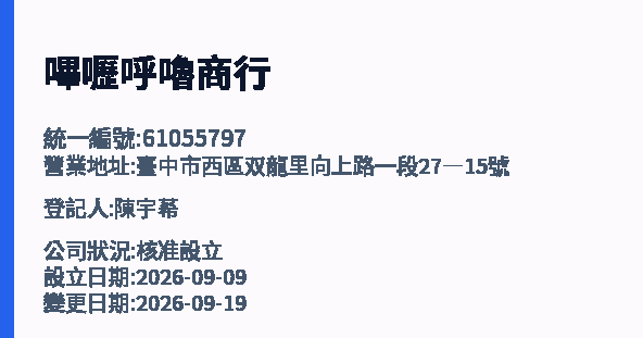 嗶嚦呼嚕商行的照片-統編 61055797(臺中市) 公司登記資料與營業項目詳細圖表