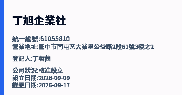 丁旭企業社的照片-統編 61055810(臺中市) 公司登記資料與營業項目詳細圖表