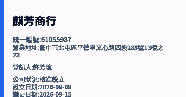 麒芳商行的照片-統編 61055987(臺中市) 公司登記資料與營業項目詳細圖表
