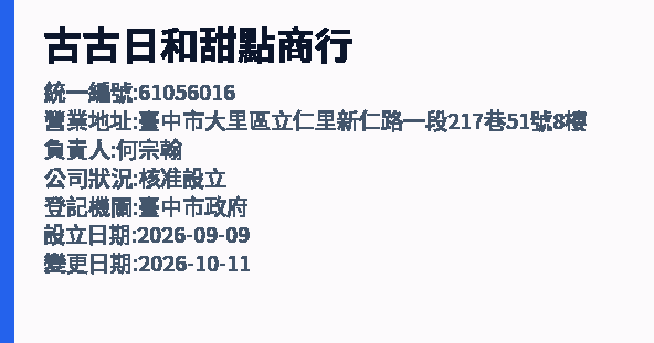 古古日和甜點商行的照片-統編 61056016(臺中市) 公司登記資料與營業項目詳細圖表