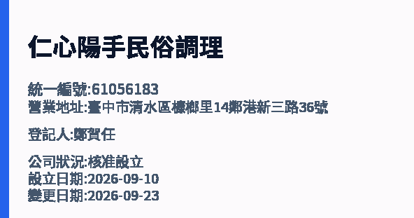 仁心陽手民俗調理的照片-統編 61056183(臺中市) 公司登記資料與營業項目詳細圖表
