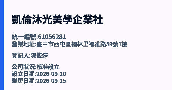凱倫沐光美學企業社的照片-統編 61056281(臺中市) 公司登記資料與營業項目詳細圖表