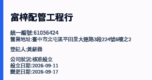 富梓配管工程行的照片-統編 61056424(臺中市) 公司登記資料與營業項目詳細圖表