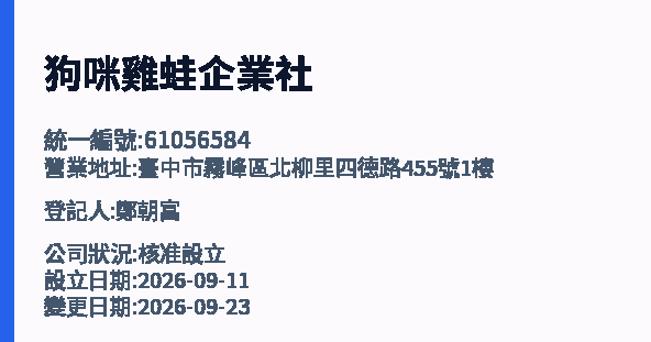 狗咪雞蛙企業社的照片-統編 61056584(臺中市) 公司登記資料與營業項目詳細圖表
