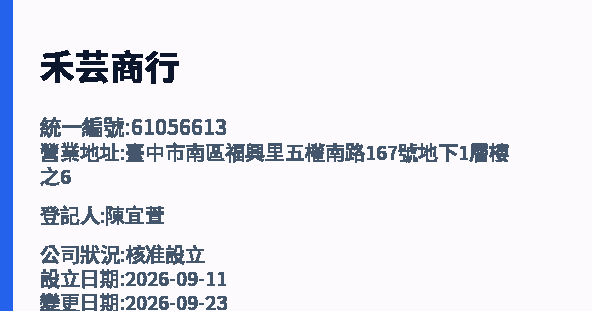禾芸商行的照片-統編 61056613(臺中市) 公司登記資料與營業項目詳細圖表