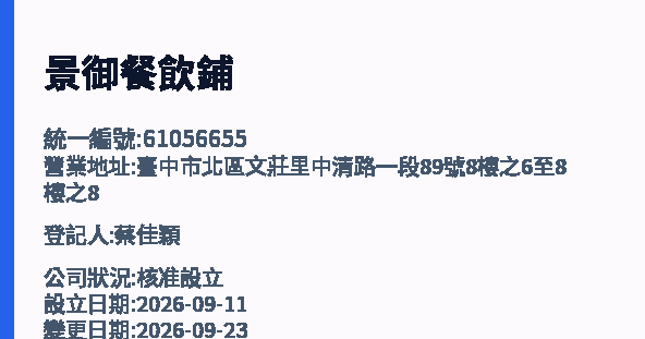 景御餐飲鋪的照片-統編 61056655(臺中市) 公司登記資料與營業項目詳細圖表