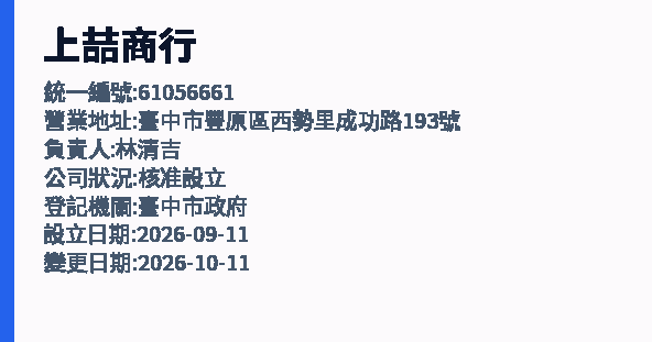 上喆商行的照片-統編 61056661(臺中市) 公司登記資料與營業項目詳細圖表