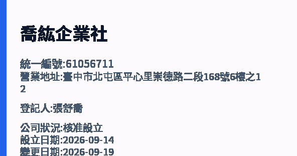 喬紘企業社的照片-統編 61056711(臺中市) 公司登記資料與營業項目詳細圖表