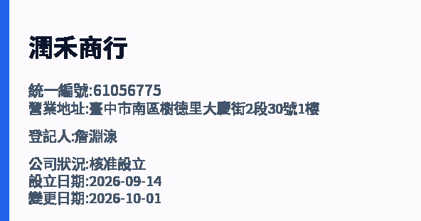 潤禾商行的照片-統編 61056775(臺中市) 公司登記資料與營業項目詳細圖表