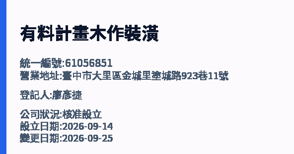 有料計畫木作裝潢的照片-統編 61056851(臺中市) 公司登記資料與營業項目詳細圖表