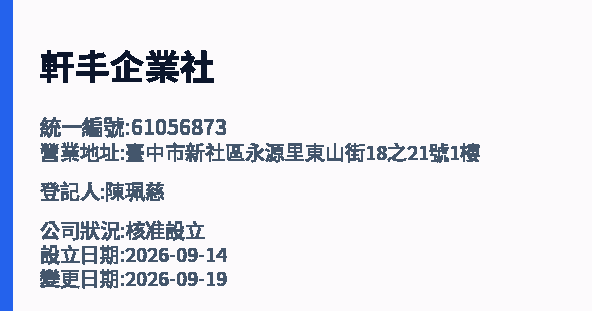 軒丰企業社的照片-統編 61056873(臺中市) 公司登記資料與營業項目詳細圖表