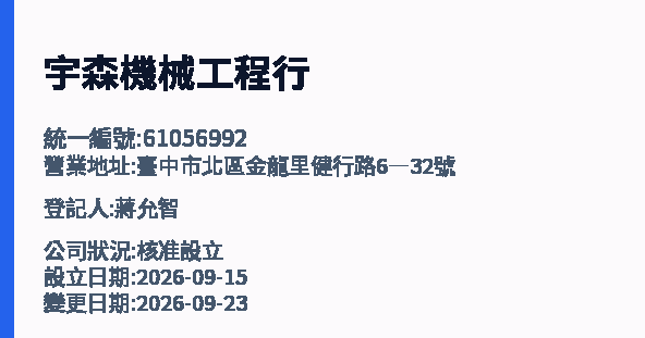 宇森機械工程行的照片-統編 61056992(臺中市) 公司登記資料與營業項目詳細圖表