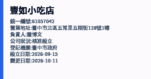 豐如小吃店的照片-統編 61057042(臺中市) 公司登記資料與營業項目詳細圖表
