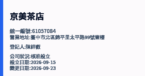 京美茶店的照片-統編 61057084(臺中市) 公司登記資料與營業項目詳細圖表