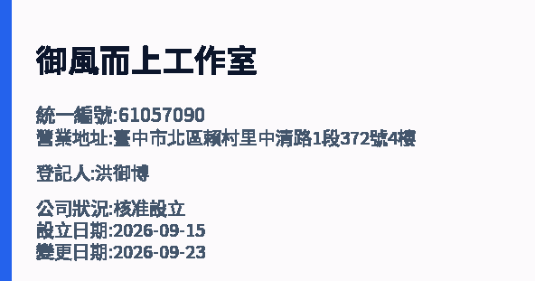 御風而上工作室的照片-統編 61057090(臺中市) 公司登記資料與營業項目詳細圖表