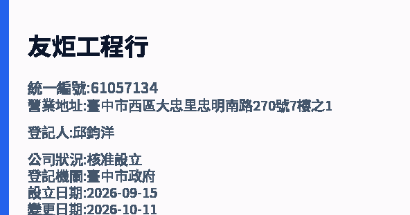 友炬工程行的照片-統編 61057134(臺中市) 公司登記資料與營業項目詳細圖表