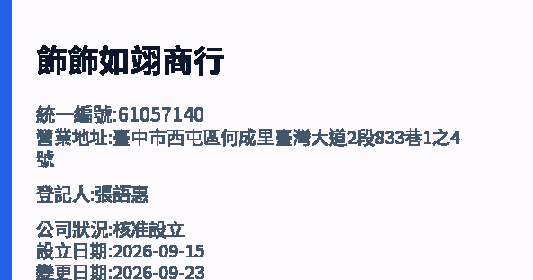 飾飾如翊商行的照片-統編 61057140(臺中市) 公司登記資料與營業項目詳細圖表