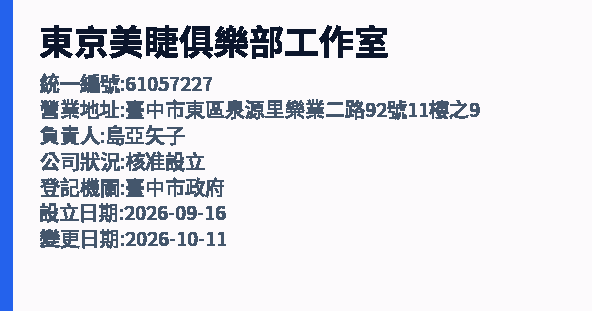 東京美睫俱樂部工作室的照片-統編 61057227(臺中市) 公司登記資料與營業項目詳細圖表