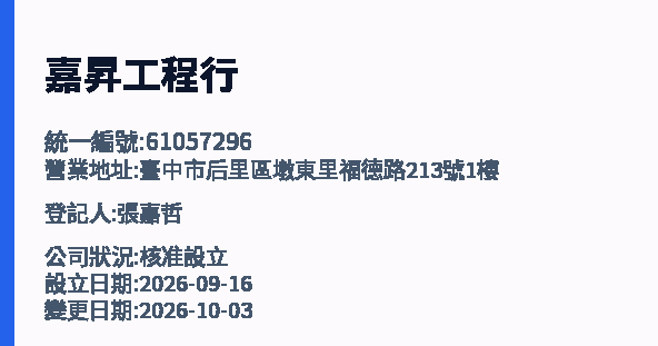 嘉昇工程行的照片-統編 61057296(臺中市) 公司登記資料與營業項目詳細圖表