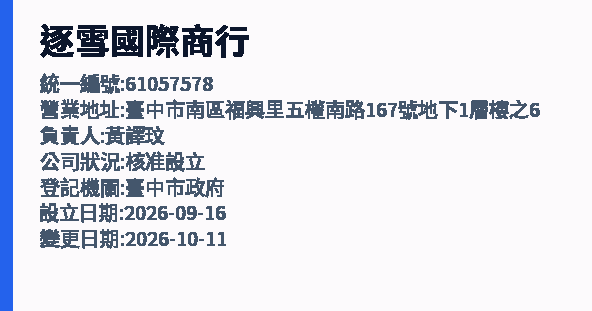 逐雪國際商行的照片-統編 61057578(臺中市) 公司登記資料與營業項目詳細圖表