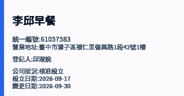 李邱早餐的照片-統編 61057583(臺中市) 公司登記資料與營業項目詳細圖表