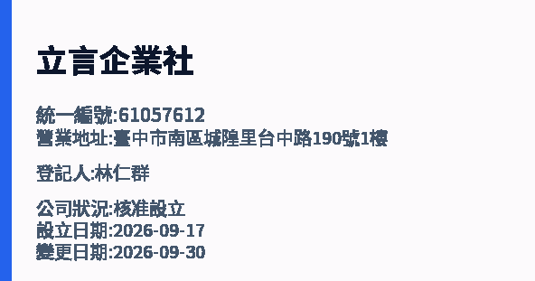 立言企業社的照片-統編 61057612(臺中市) 公司登記資料與營業項目詳細圖表