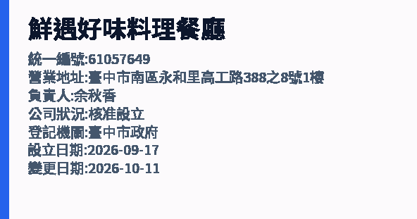 鮮遇好味料理餐廳的照片-統編 61057649(臺中市) 公司登記資料與營業項目詳細圖表