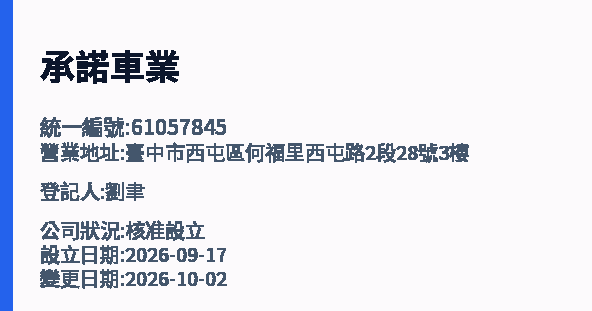 承諾車業的照片-統編 61057845(臺中市) 公司登記資料與營業項目詳細圖表