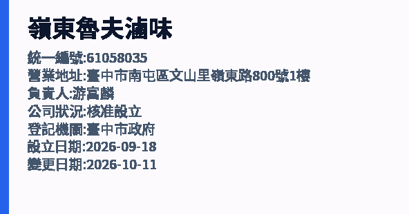 嶺東魯夫滷味的照片-統編 61058035(臺中市) 公司登記資料與營業項目詳細圖表