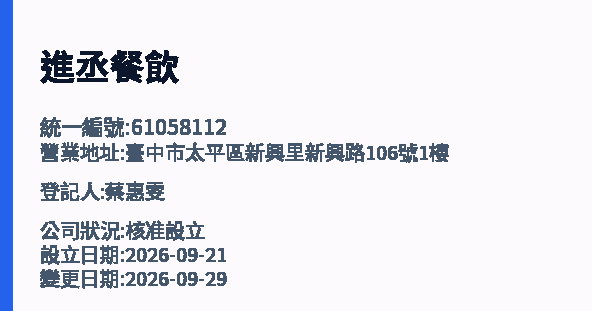 進丞餐飲的照片-統編 61058112(臺中市) 公司登記資料與營業項目詳細圖表