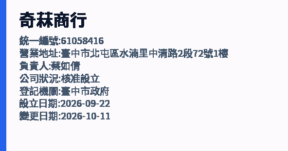 奇菻商行的照片-統編 61058416(臺中市) 公司登記資料與營業項目詳細圖表
