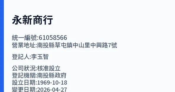 永新商行的照片-統編 61058566(南投縣) 公司登記資料與營業項目詳細圖表