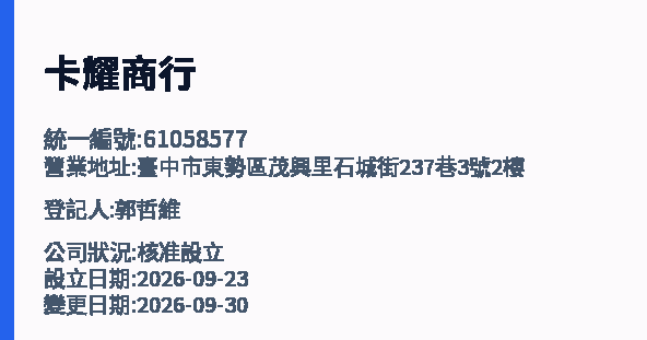 卡耀商行的照片-統編 61058577(臺中市) 公司登記資料與營業項目詳細圖表
