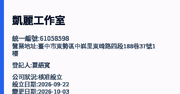 凱麗工作室的照片-統編 61058598(臺中市) 公司登記資料與營業項目詳細圖表