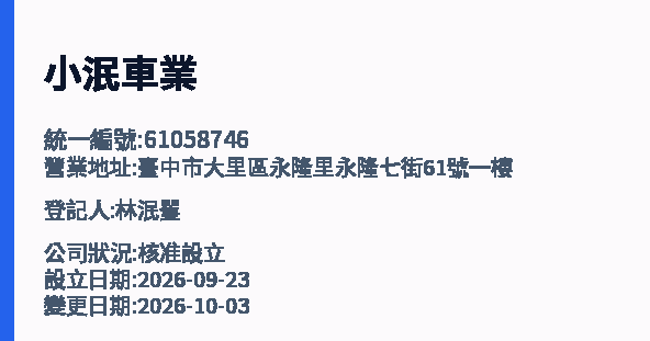 小泯車業的照片-統編 61058746(臺中市) 公司登記資料與營業項目詳細圖表